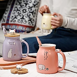 Cute Cat Mug Set of 4 Ceramic Coffee Cups with Lovely Kitty lid and Fish Spoon Novelty Morning Tea Milk Mug Set for Girls Women Christmas Birthday Gift 500ML/15oz (4pcs,Blue Pink Purple Yellow)