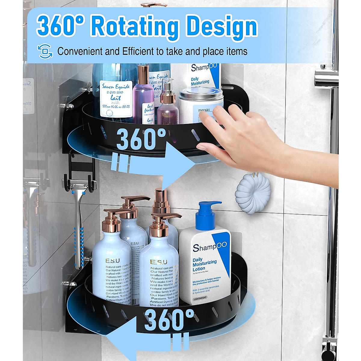 360°Rotating Corner Shower Caddy Shelf With 6 Hooks,2PACK Bathroom Lazy Susan Shower Organizer Corner with 5Pcs Adhesive,Stainless Steel Shower Racks for Inside Shower for Home Apartment Decor(Black）