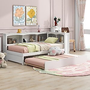 DNChuan L-Shaped Twin Bookcase Bed with Trundle,Daybed with Storage Bookshelf Headboard and USB Ports for Kids Girls Boys-White