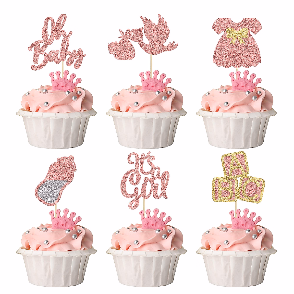 24Pcs Baby Shower Oh Baby Cupcake Toppers Rose Gold Glitter Bow Dress Bottle Swan It's a Girl Cake Picks Decorations for Baby Shower Gender Reveal Girls Birthday Party Supplies