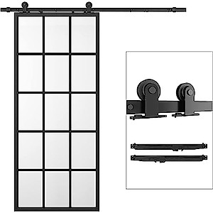 BARNSMITH 36in x 84in Frosted Glass Barn Door with 6.6FT Top Mounted Hardware kit Include Soft Close Mechanism DIY 15 Lites Modern Aluminum Frame Glass Sliding Barn Door Disassembled Easy Installation