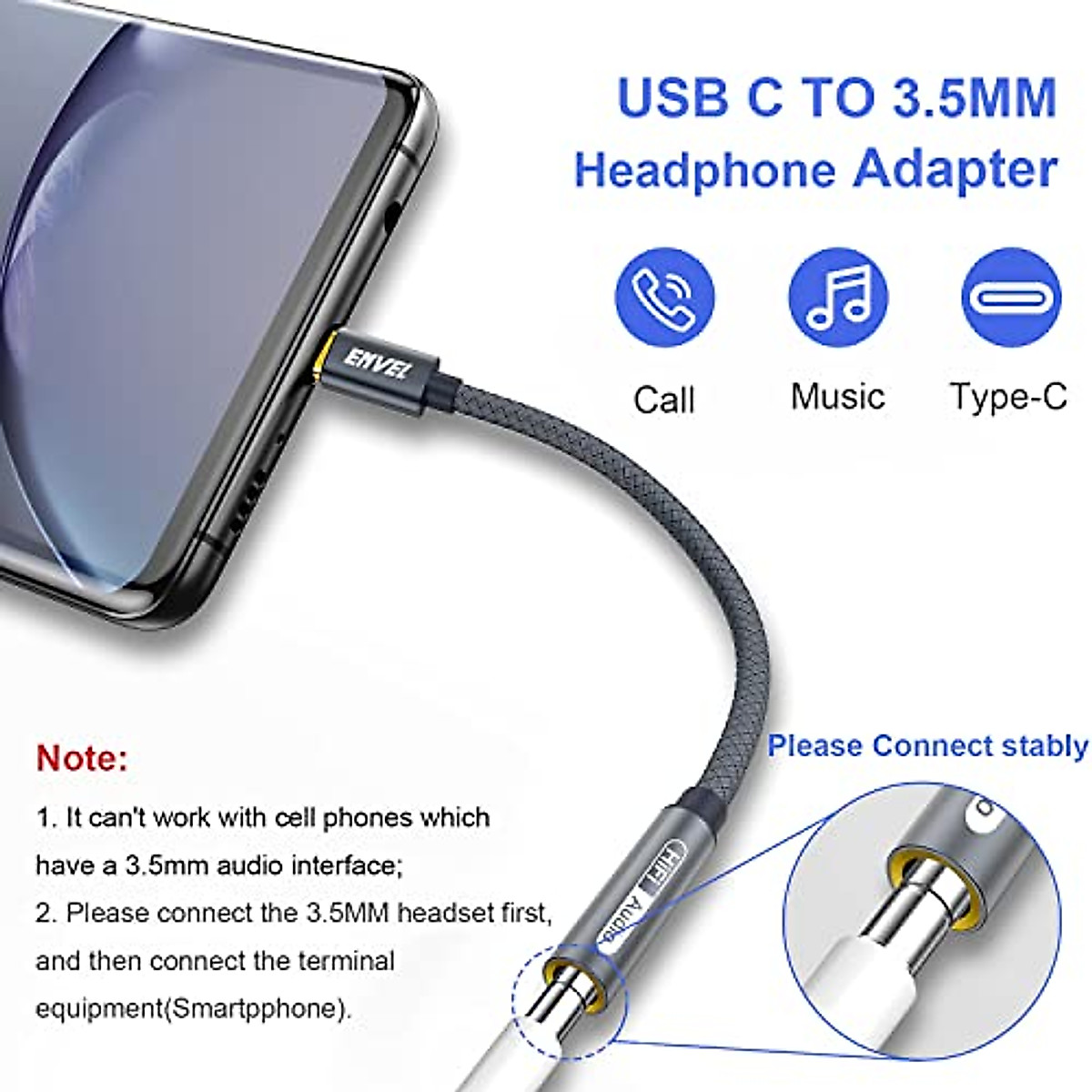USB C to 3.5mm Jack Headphone Adapter, 2 Pack ENVEL Type C to Aux Audio Dongle Cable Compatible with iPhone 15 Pro Max Samsung Galaxy S23 S22 S21 S20 FE Ultra 5G,iPad Pro, Google Pixel 5/6/7