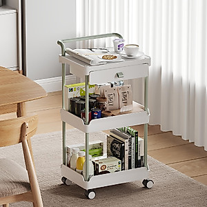 TOOLF Rolling Storage Cart with Drawer, 3 Tier Rolling Utility Cart with Tabletop, Rolling Cart Organizer for Teacher Craft Baby Nursery, Utility Cart for Kitchen Bathroom Bedside Office
