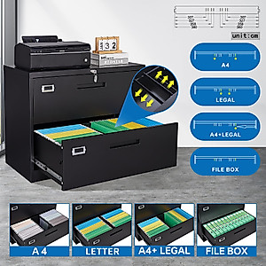 BYNSOE 2 Drawer Lateral File Cabinet Metal Filing Cabinet with Lock Office Home Steel Lateral File Cabinet for A4 Legal/Letter Size Lockable Wide Metal Cabinet,Assembly Required(2 Drawer, Black)