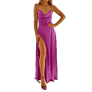 PRETTYGARDEN Women Summer Sexy Cowl Neck Spaghetti Strap Sleeveless Long Satin Dress Slit Club Slip Maxi Dresses 2023(Solid Purple,Small)
