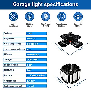 Garage Lights Ceiling Led 2 Pack Plug in Shop Ligthts,180W 18000 LM 6500K Garage Lights Ceiling LED,12 Leaf Deformable Multi-Position Panels Garage Lights E26 E27 Base,for Barn,Workshop,Basement