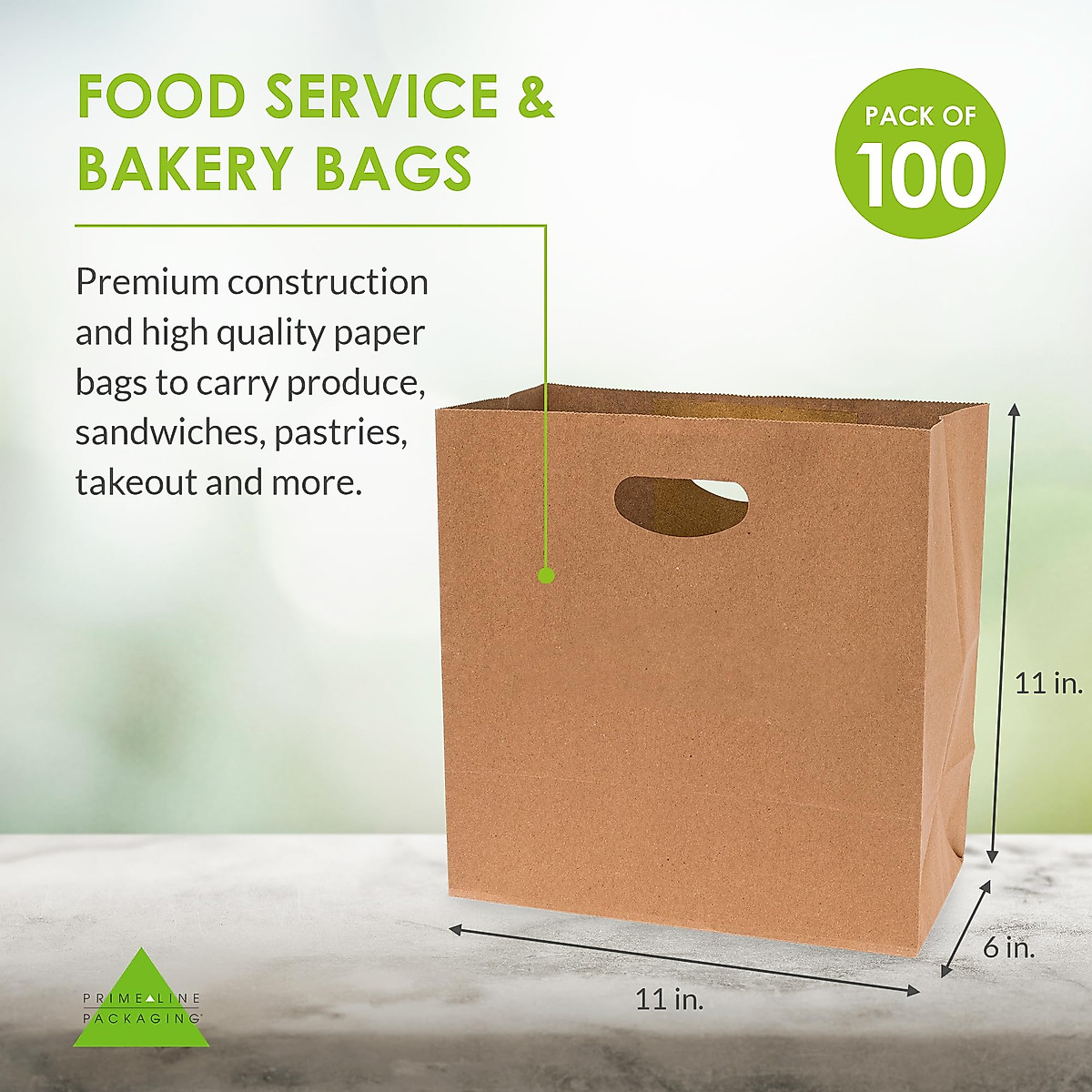 Prime Line Packaging Brown Paper Bags with Die Cut Handles for Food To Go, Bread, Take Out Goodie, Restaurant, Small Business, Bulk, 11x6x11, 100 Pack