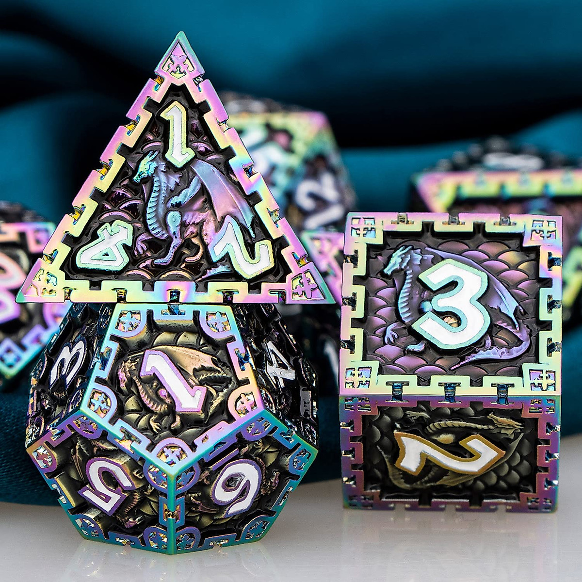 ARUOHHA Metal D&D Dice Set Dragon Design DND Rainbow Dice with Gift Box, D + D 7pcs Large Polyhedral Dice for Dungeons and Dragons RPG Role Playing Games Handmade D and D Dice D20 D12 D10 D8 D6 D4