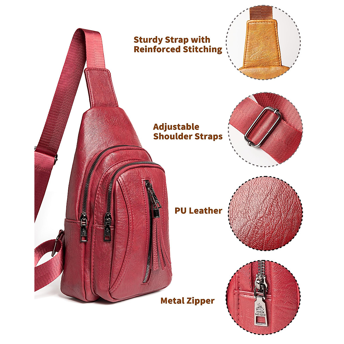Crossbody Bag for Women - Leather Fanny Pack Sling Fashionable Chest Bag for On-The-Go Travel, Sports, Running, Hiking - Wine Red