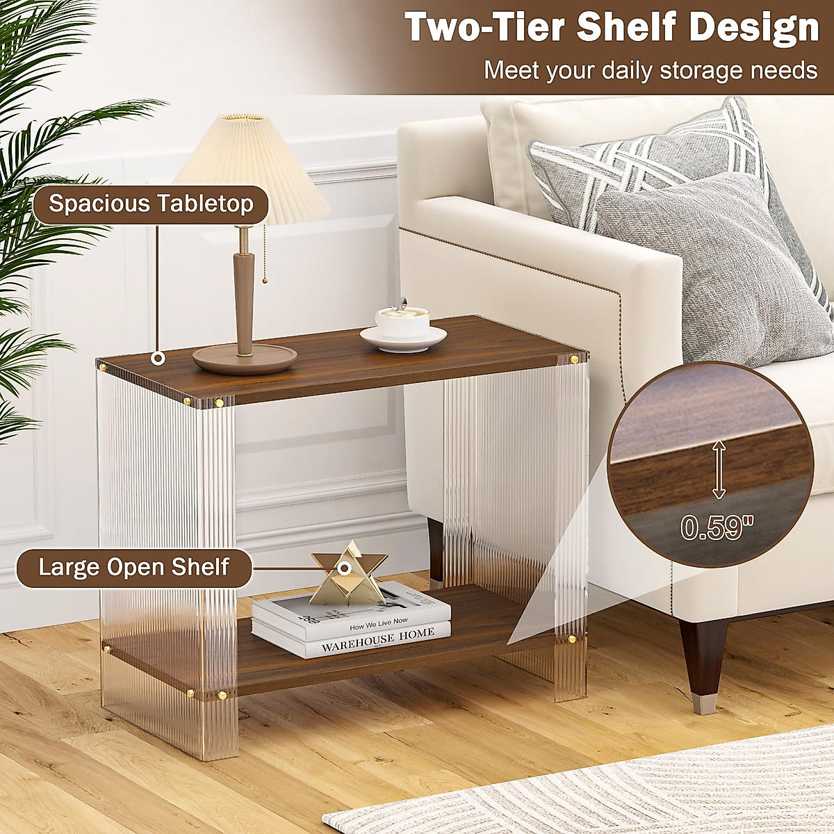 HaiQiwawo Walnut Narrow End Table, Modern Acrylic Sofa Side Table, Small Accent Table, 2-Tier Nightstand Bedside Table for Small Space Bedroom Hallway (Walnut Rectangle Shape)