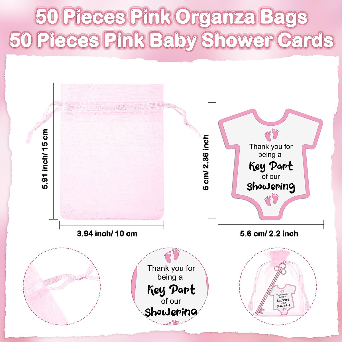 Geyoga 50 Sets Baby Shower Party Favors 50 Fancy Key Shape Pens It's a Girl/ Boy Key Gel Ink Pens 50 Thank You Cards Small Gift Cards 50 Organza Bags for Guests Gender Reveal Party Favors (Pink,Girl)