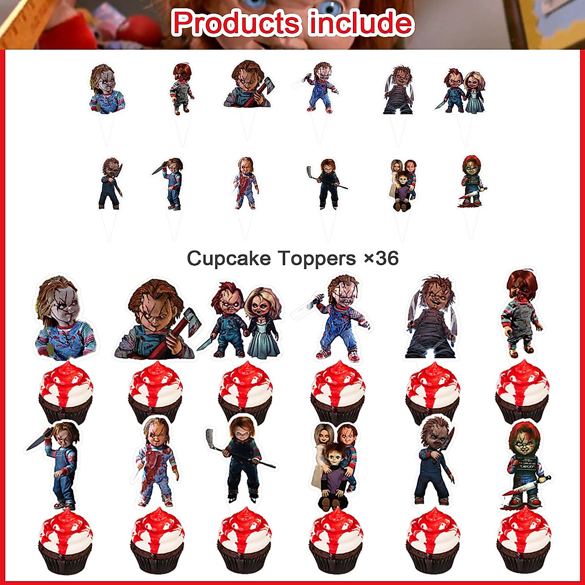 37 PCS Chucky Cupcake Toppers for Horror Movie Theme Party Birthday Party Wedding Baby Shower Anniversary Party Cake Dessert Decorations Supplies Picks
