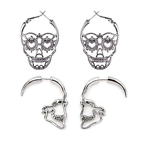 FY 2Pair Hollow Skull Face Earring Halloween Women Hoop Stud Earrings