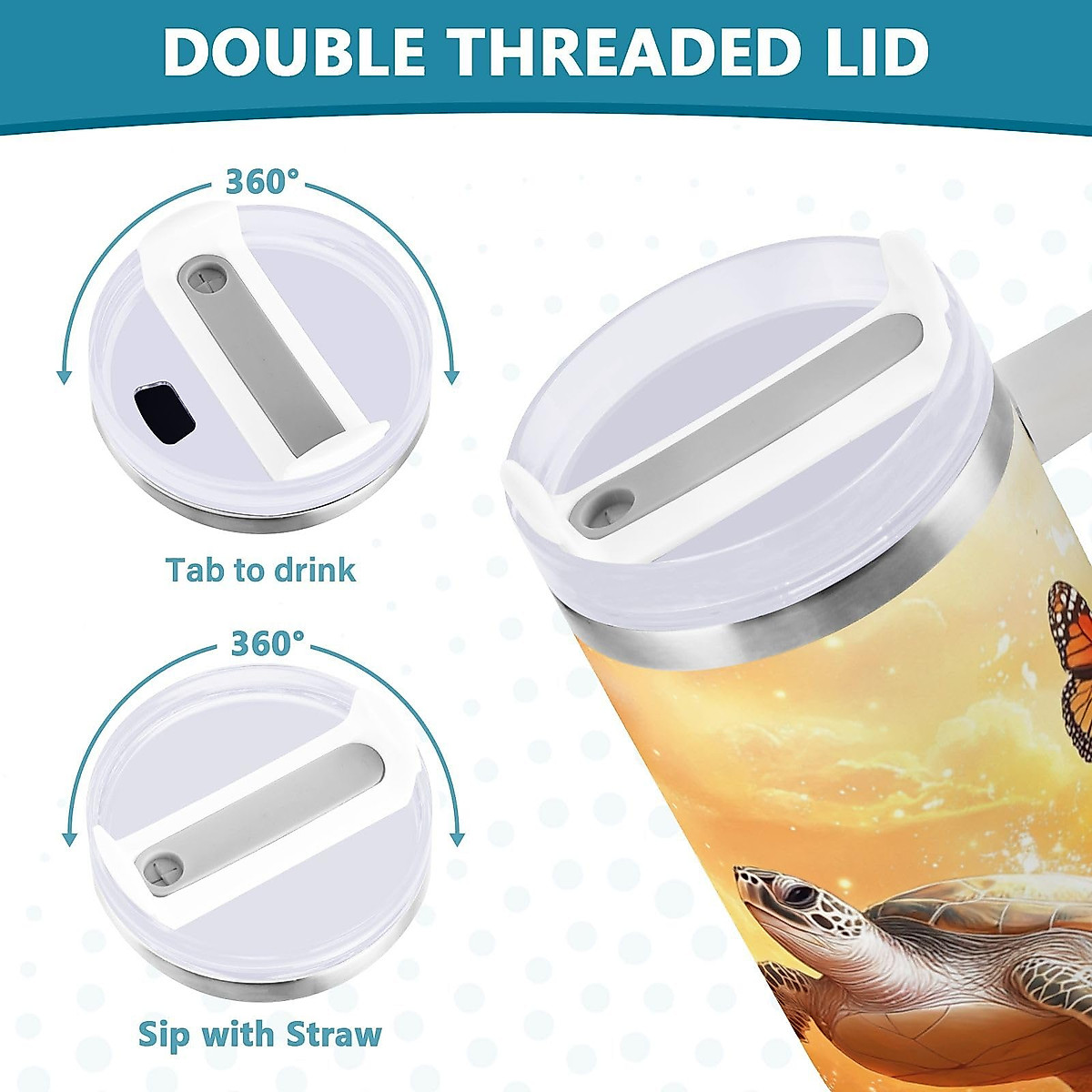 Slewiaeky Tumbler with Handle 40 oz Funny Ocean Turtle Travel Mug with Lid and Straw Butterfly Stainless Steel Vacuum Insulated Water Bottle Cup for Iced Tea Coffee Cold Beverages Cup Holder Friendly