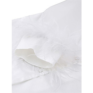 ZZEVOLSS Womens Silk Satin Pajamas Feather Trim Nightwear Long Feather Sleeve Button Down Pjs Set Fur Trim Pants Set(Lapel Collar-white,Small)