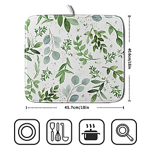 Giwawa Leaves Dish Drying Mat 16x18 inch Reversible Green Leaf Dish Draining Mats with Hanging Loop Absorbent Watercolor Plants Dish Drainer Mat Microfiber Leaves Drying Pad for Kitchen Counter Sink