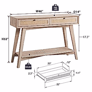 OKD Rattan Entryway Table, 46" Mid Century Modern & Boho Console Table with Drawers, Storage Shelf, Tall Long Farmhouse Wood Sofa Table Behind Couch for Entry Way, Hallway, Living Room, Foyer, Oak
