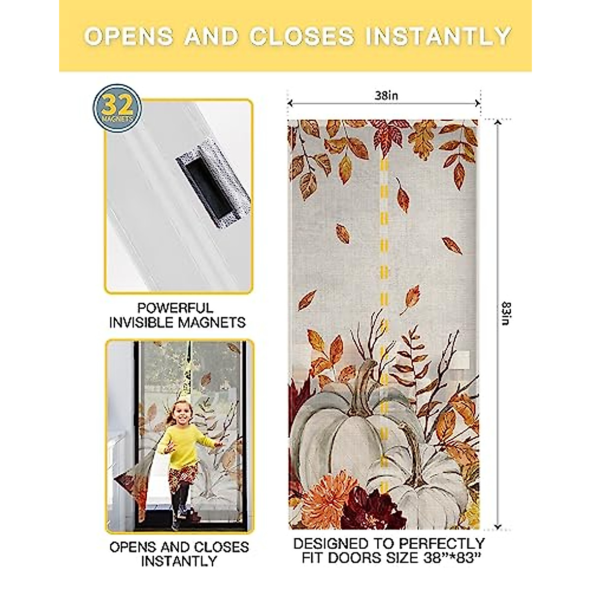 OComster Thanksgiving Magnetic Screen Door, Grey Pumpkin Orange Leaves Bulap Fall Hands Free Screen Mesh Size 38'' x 83'', Reinforce Heavy Duty Mesh Screen Doors for Patio/Front/Sliding Door