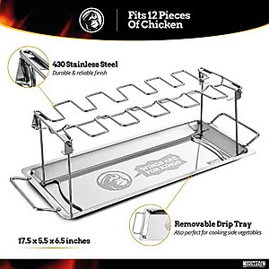 Mountain Grillers Chicken Leg Rack for Grill - Hold Up 12 Legs, Chicken Wings, Thighs, Drumsticks, BBQ Grill Chicken Rack with A Locking Mechanism & Deep Drip Tray for Smoker Premium Stainless Steel
