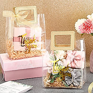 12 Pcs Clear Gift Bags with Handle Thank You Gift Handbags Transparent PVC Wrap Bags Reusable Heavy Duty Tote Bags for Bridal Party Baby Shower Wedding Birthday Favor 7 x 4 x 8 Inch (Gold)