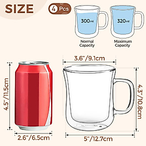 ComSaf glass coffee cups 12 oz with handle, latte cup Set of 4, Double Walled Glass Coffee Mugs, clear coffee mug for Americano, Lungo, Mocha, Machiato,Cappuccino, Ideal Gift for Christmas, Birthday