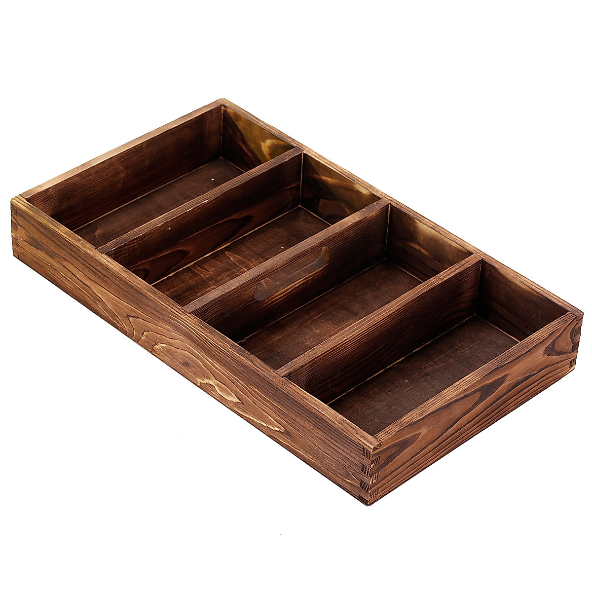 MyGift Burnt Wood Drawer Organizer Tray with 4 Slots, Multipurpose Utensil, Cutlery, Tools Wooden Bin