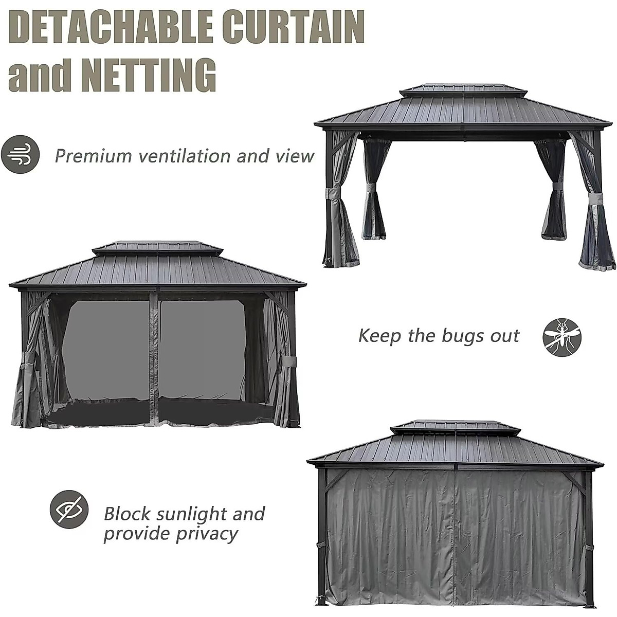 Domi 10’ X 14’ Hardtop Gazebo Canopy with Netting & Curtains, Outdoor Aluminum Gazebo with Galvanized Steel Double Roof for Patio Lawn and Garden, Gray