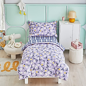 100% Cotton 4 Pieces Purple Floral Toddler Bedding Set with Yellow and White Flowers Includes Adorable Quilted Purple Comforter, Plaid Fitted Sheet, Top Sheet, and Pillow Case for Boys Girls