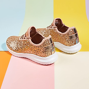 K KIP WOK Toddler Girls Glitter Sneakers Sparkle Slip On Walking Shoes for Kids/Children Breathable Running Sneakers(Rose Gold2,Big Kids 4)