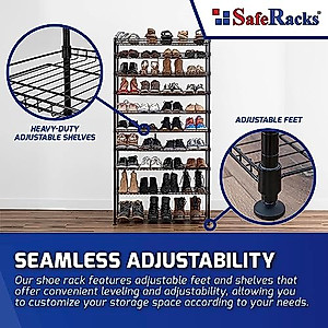 SafeRacks 10-Tier Shoe Rack - Black, Large Shoe Storage Organizer, 60 Pair, Heavy Duty Shoe Stand with Vertical Free Standing Shoe Shelf, Perfect for Entryway, Closet, Garage, & Bedroom Storage