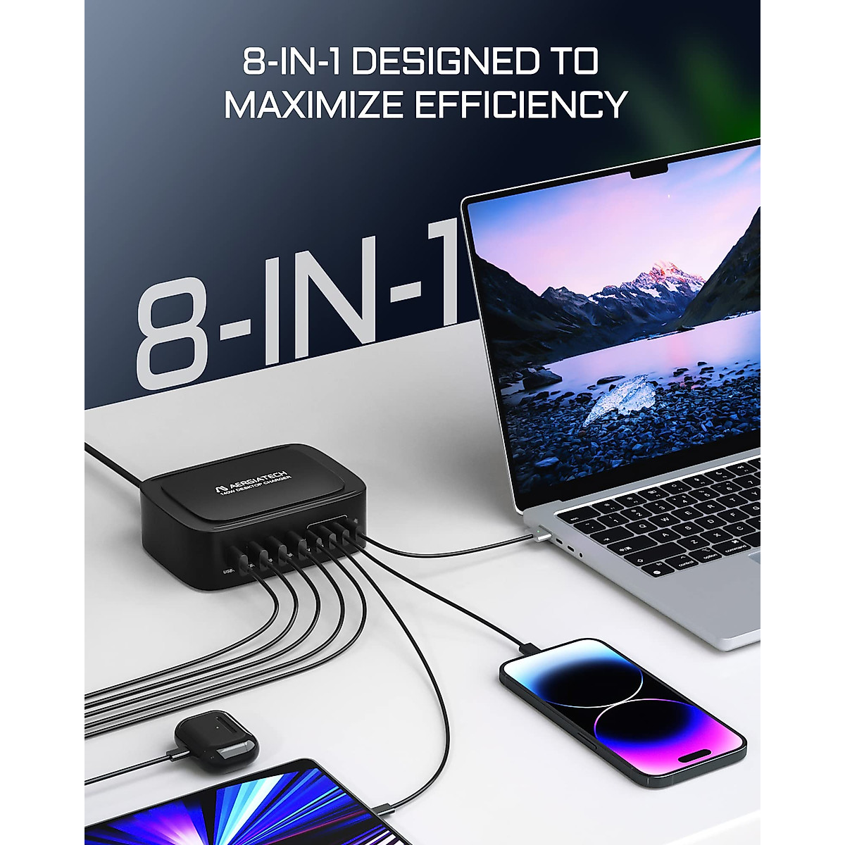 Aergiatech 140W USB C Charger, 8-Port Charging Hub for Multiple Devices, 65W and 45W PD3.0 Fast Charging Laptop Power Adapter for MacBook Pro/Air, iPhone iPad Samsung and More