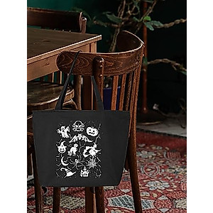 shop4ever Halloween Mash Witch Skull Pumpkin Cat Trick or Treat Heavy Canvas Tote with Zipper Reusable Shopping Bag Black ZIP 1
