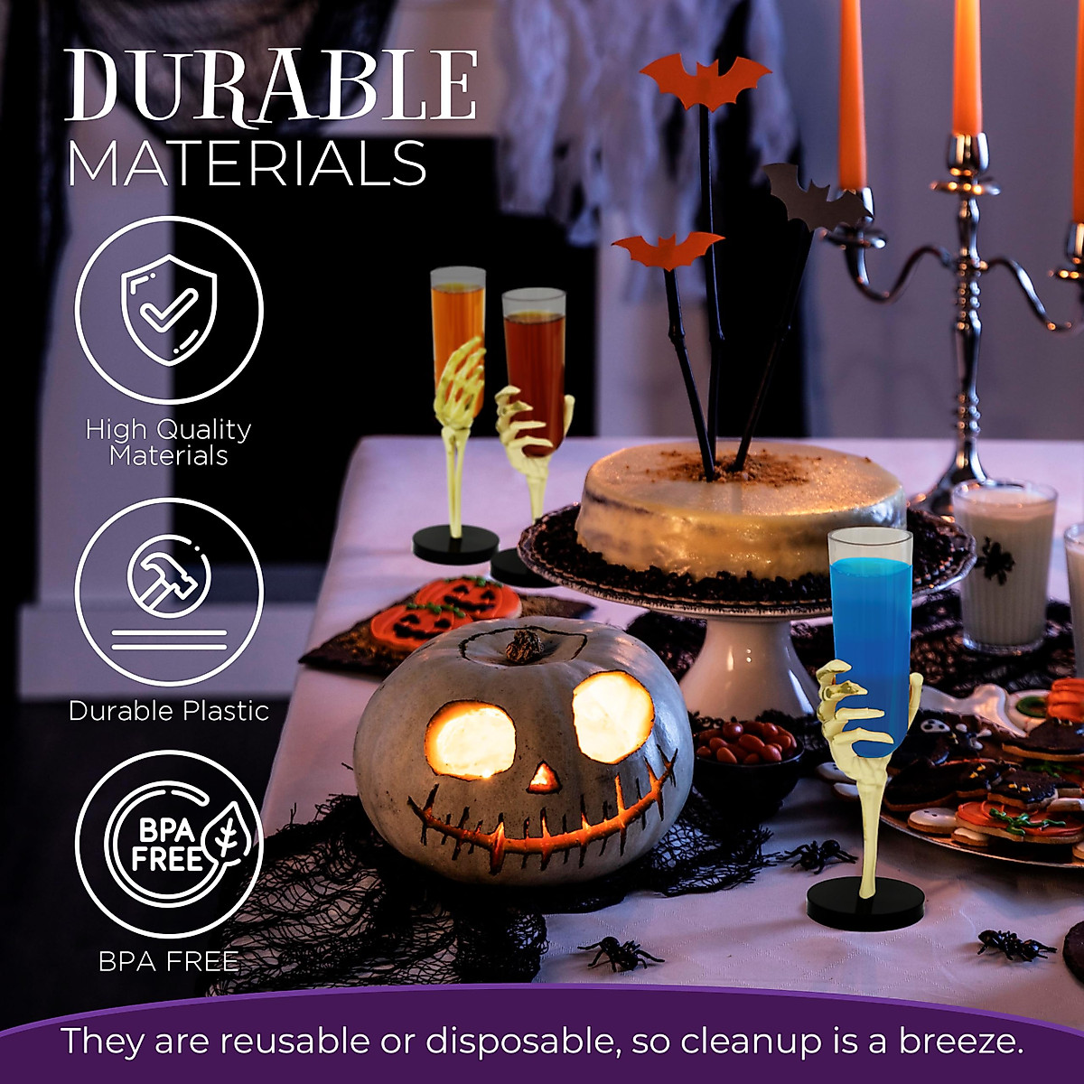 4E's Novelty Skeleton Hand Flutes 12 Pack - Premium Clear Plastic Halloween Champagne Cocktail Goblets (2.7oz) BPA-Free Drinking Glasses for Spooky Parties, Halloween Skeleton Wine Glasses