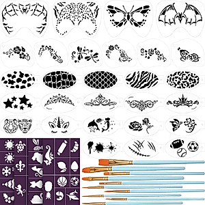 42 Pcs Face Paint Stencils Kits Includes 28 Reusable Facial Painting Stencils with 4 Stickers 10 Painting Brushes Plastic Tattoo Painting Templates for Kids Halloween Party Makeup (Fresh Style)