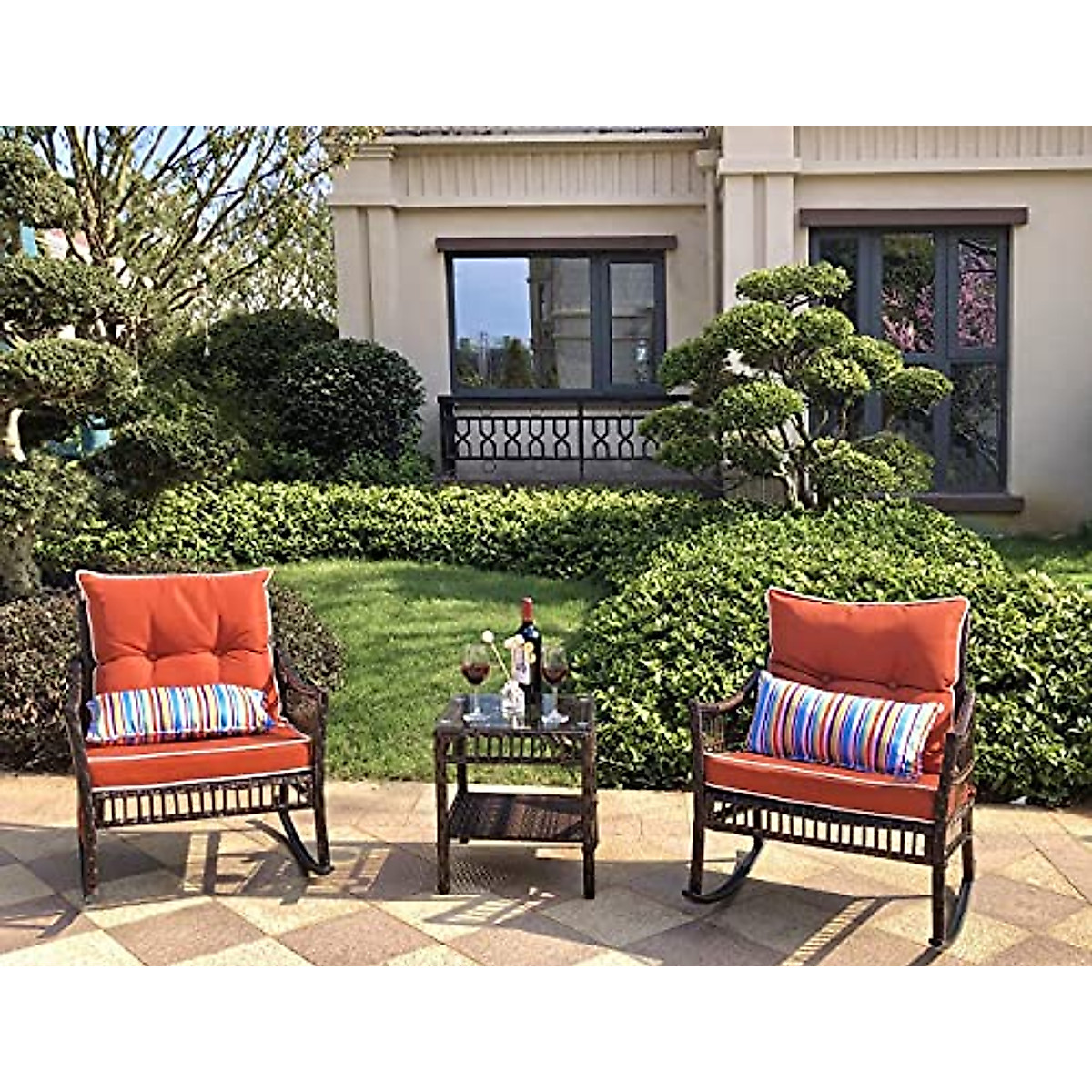 DECMICO Outdoor Rocking Chairs 3 Pieces Patio Conversation Front Porch Furniture, Wicker Rocking Chairs Bistro Set with Glass Coffee Table and Cushions for Garden and Balcony…