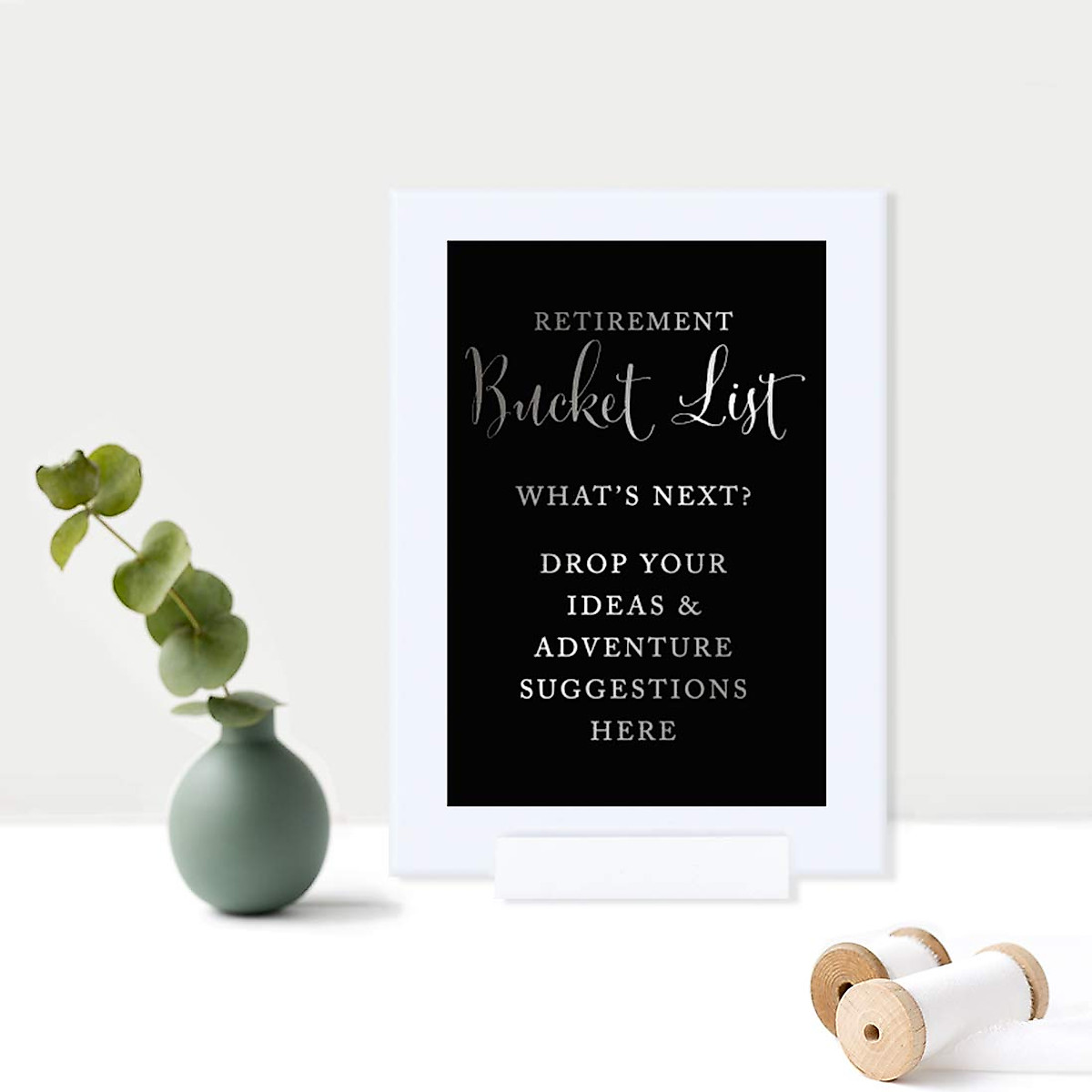 Andaz Press Framed Retirement Party Signs, Metallic Silver Ink on Black, 4x6-inch, Retirement Bucket List, What's Next? Drop Your Ideas and Adventure Suggestions Here, 1-Pack