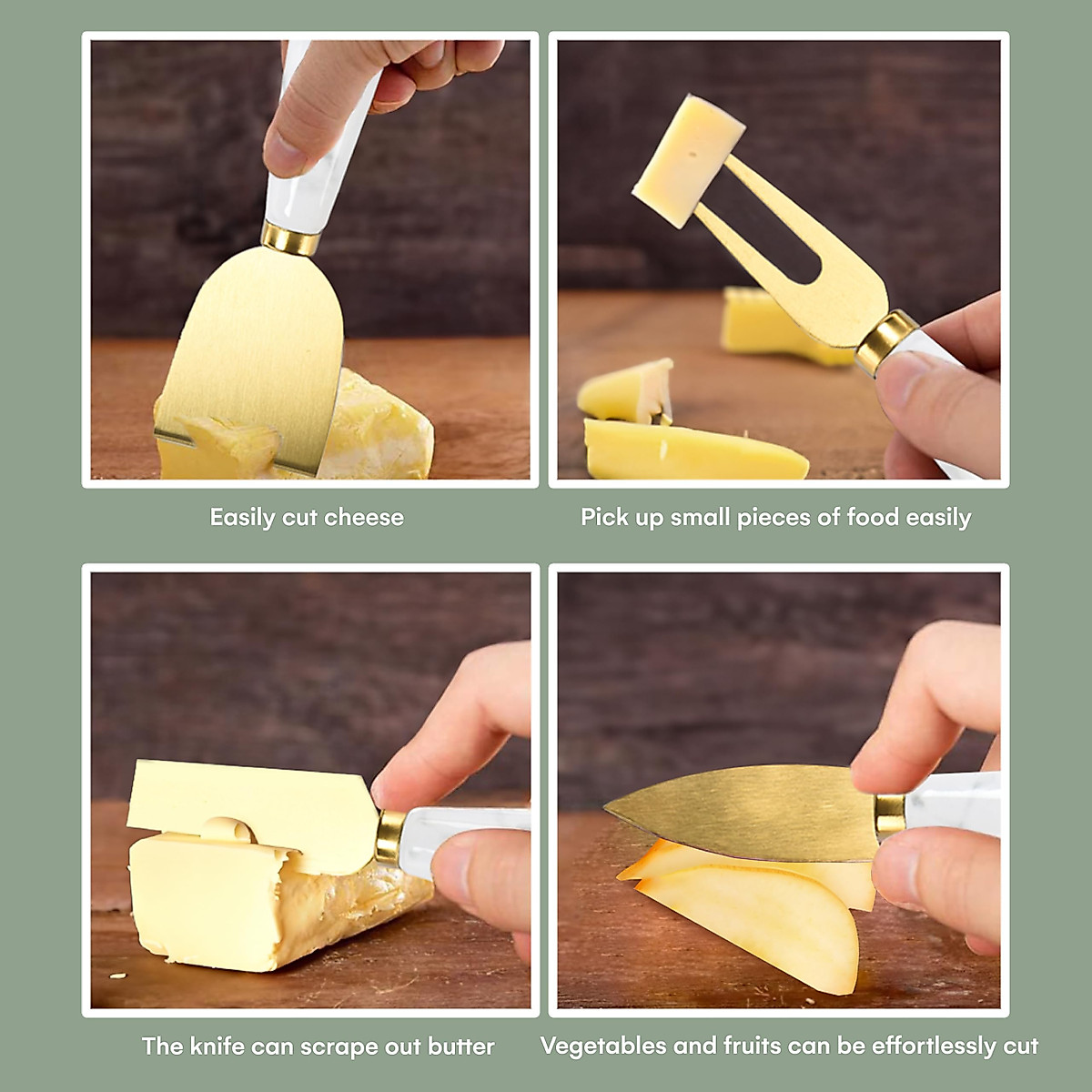 Hallops Marble Cheese Knife Set - 4 Knives for Charcuterie Board & Utensils, Rustic Ceramic White Handle, Elite-Quality Cutlery, Ideal Serving Accessories for Cheese & Wine - Ideal Gift