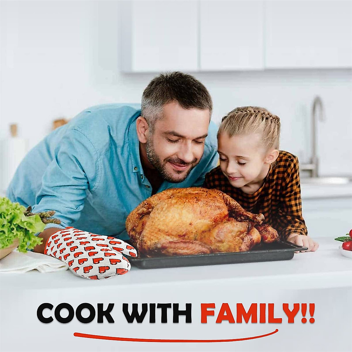 Heat Resistant Oven Mitts - Quilted Kitchen Gloves - Red Heart Design Pattern