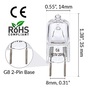 Simba Lighting Halogen Light Bulb G8 T4 20W JCD Bi-Pin (10 Pack) Shorter 1-3/8" (1.38") Length for Under Cabinet Puck Lights, Kitchen Hood, Landscape Lights, Desk Lamps 120V Dimmable, 2700K Warm White