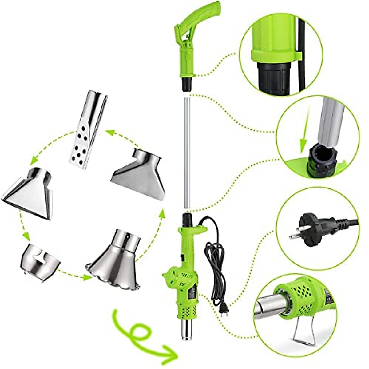 QCLUEU 3 in 1 Electric Weed Burner, Electric Thermal Weeding Stick, BBQ Igniter, Heat Gun, Up to 650℃, Garden Weeder Tool, with 5 Nozzles, 2000W (Color : Green)