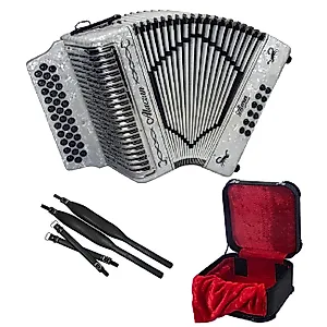 Alacran NAL3412 DLX Accordion Package: 34 Button, 12 Bass Accordion with Case and Straps (Fa/FBE, White Pearl)
