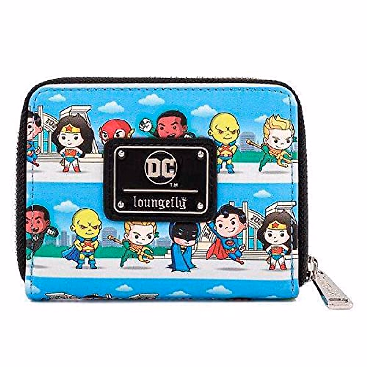 Loungefly DC Superheroes Chibi Lineup Faux Leather Zip Around Wallet, Cute Wallets Fashion Accessories, 5.5 Inches