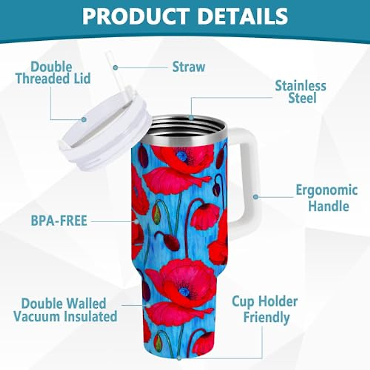 ODAWA 40oz Red Poppies Blue Insulated Tumbler Cup with Handle and Straw Lid, Vacuum Insulated Tumbler