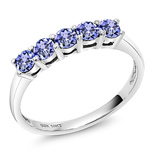 Gem Stone King 10K White Gold Blue Tanzanite 5 Stone Wedding Engagement Anniversary Promise Ring For Women (0.60 Cttw, Round 3MM, Gemstone December Birthstone, Available In Size 5, 6, 7, 8, 9)