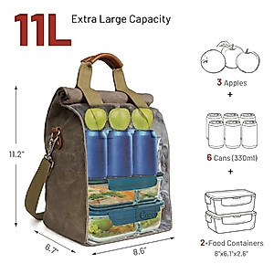 Corebes Insulated Lunch Bag for Men/Women, 11L Waxed Canvas Lunch Box with Adjustable Shoulder Strap & Double Hook-and-Loop Handles for Work Picnic Hiking