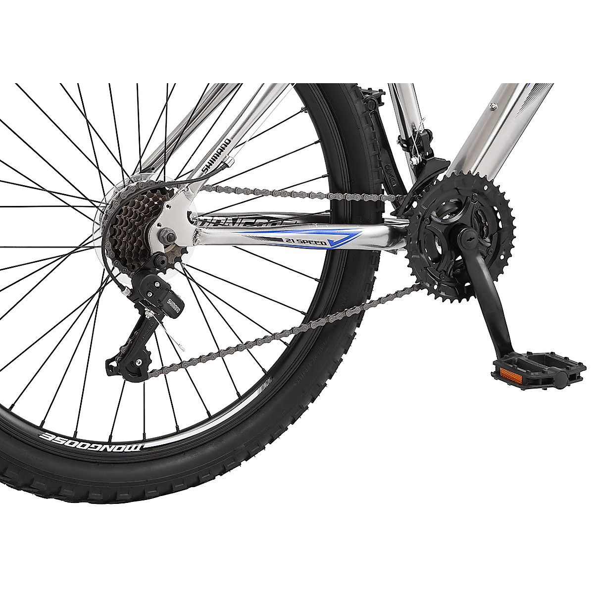 Mongoose Flatrock 21-Speed Hardtail Mountain Bike, 26-Inch Wheels, for Men and Women, Front Suspension, 17-Inch Lightweight Aluminum Frame, Silver