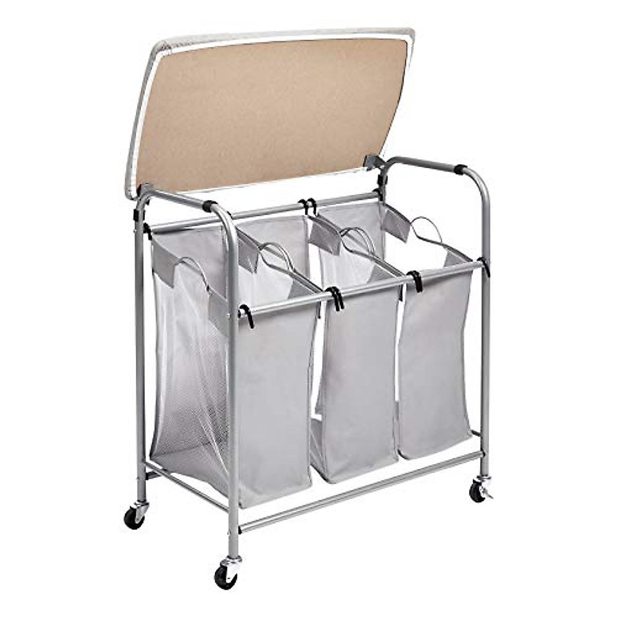 Amazon Basics 3-Bag Rectangular Laundry Sorter with Ironing Board Top, 31.5"L x 16.14"W x 33.07"H, Grey