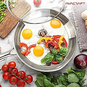 AVACRAFT 10 Inch Tri-Ply Stainless Steel Frying Pan with Lid, Side Spouts, Induction Pan, Versatile Stainless Steel Skillet, Fry Pan in our Pots and Pans (Tri-Ply Stainless steel,10 Inch)