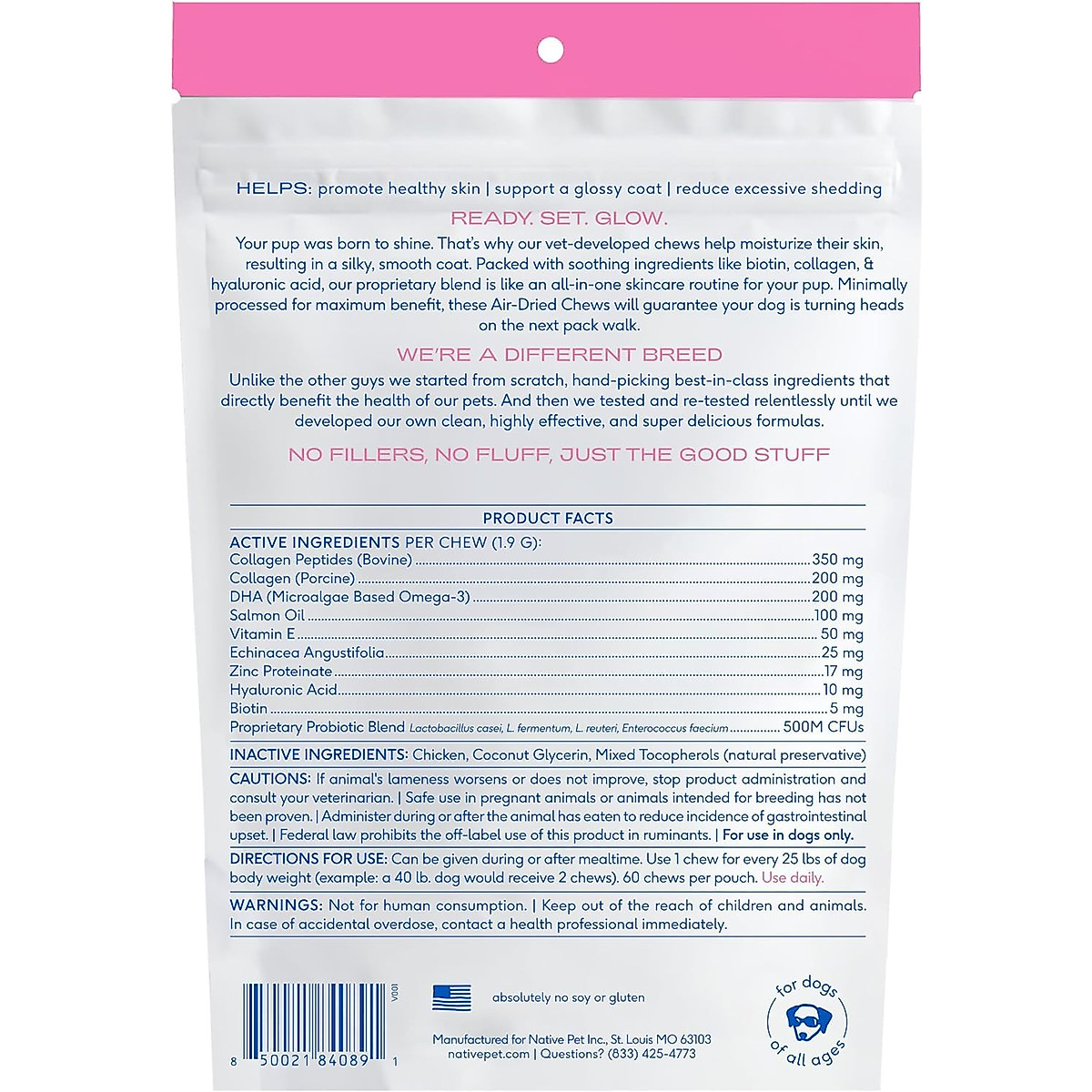 Native Pet Skin and Coat Chews for Dogs - Made with Wild-Caught Salmon Oil for Dogs Skin and Coat - Omega 3 for Dogs - Dog Shedding Supplements & Dog Hair Loss Treatment - Omega for Dogs (30 Chews)