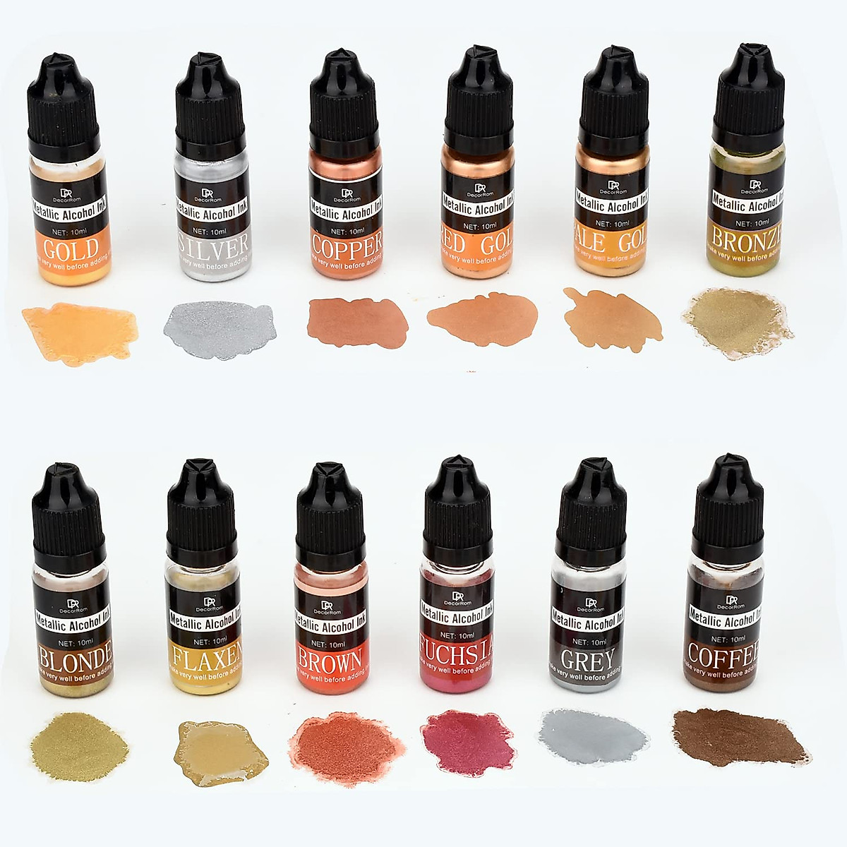 Metallic Alcohol Ink Set - 12 Metal Color Alcohol-Based Inks for Epoxy Resin Art, Painting - Concentrated Shimmer Alcohol Paint Color Dye for Resin Petri Dish Making, Yupo, Tumbler Making - 10ml Each